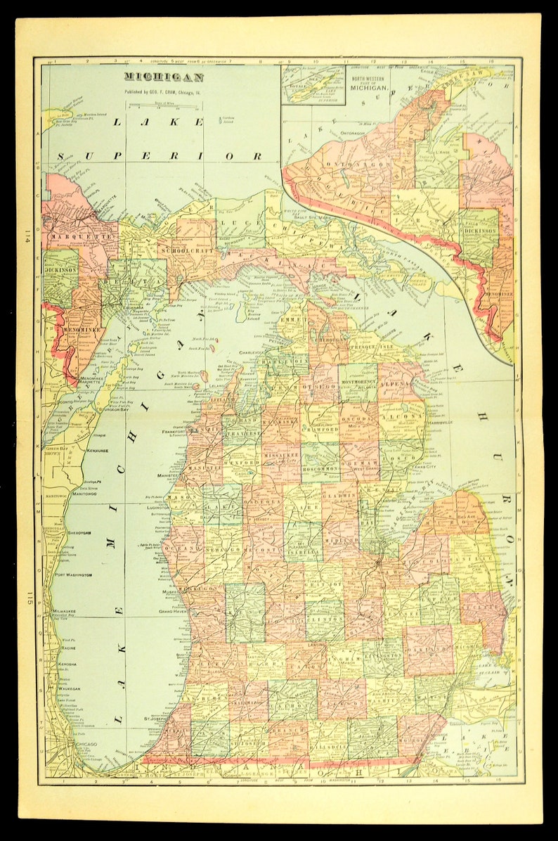 LARGE Michigan Map of Michigan Wall Decor Art Antique Original | Etsy