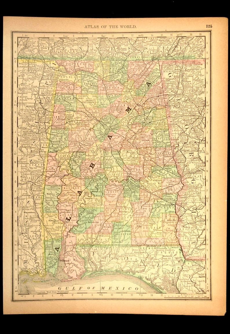 Antique ALABAMA MAP Wall Decor Art Late 1800s ORIGINAL Vintage | Etsy