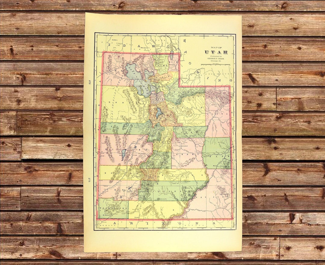 Vintage UTAH Map Wall Art Decor LARGE Old ORIGINAL Great Salt Lake ...