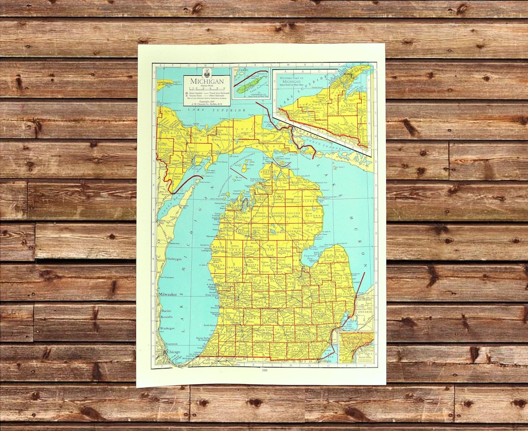 1947 Vintage MICHIGAN Map Wall Art Frameable Ready to Frame Wolverine ...