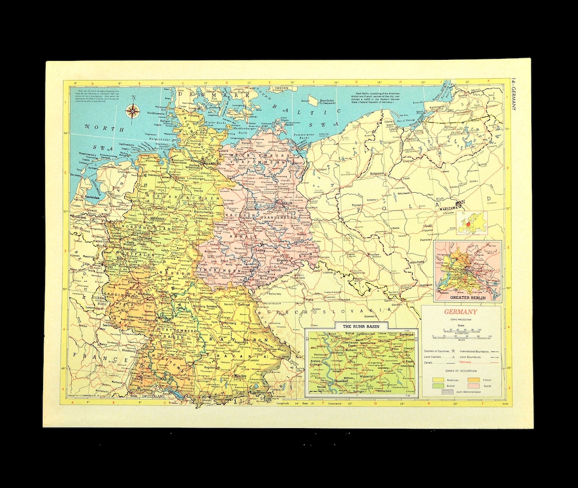 Germany Map of Germany Wall Decor Art Vintage 1950s Original | Etsy