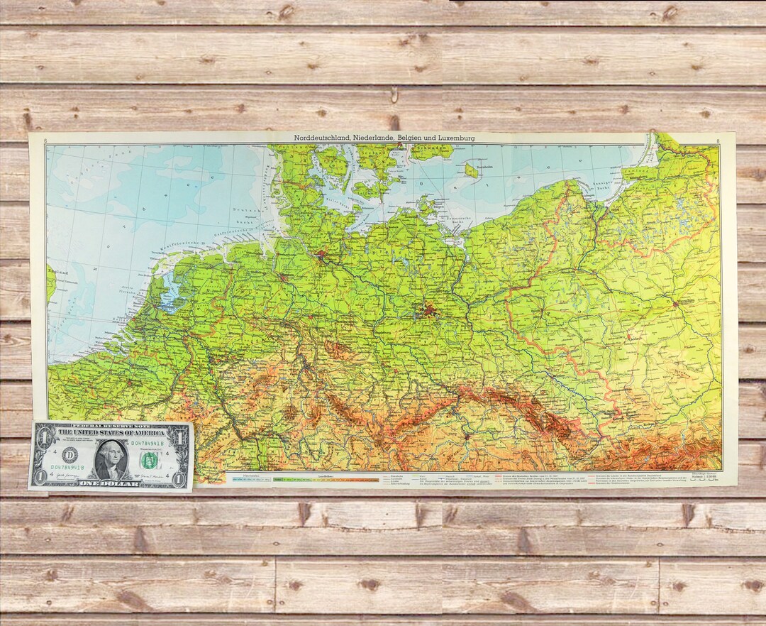 Vintage Northern Germany Map Wall Art Netherlands 1950s ORIGINAL ...
