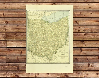 OHIO MAP Wall Art Decor LARGE Antique Original Print Old Boyfriend Gift ...