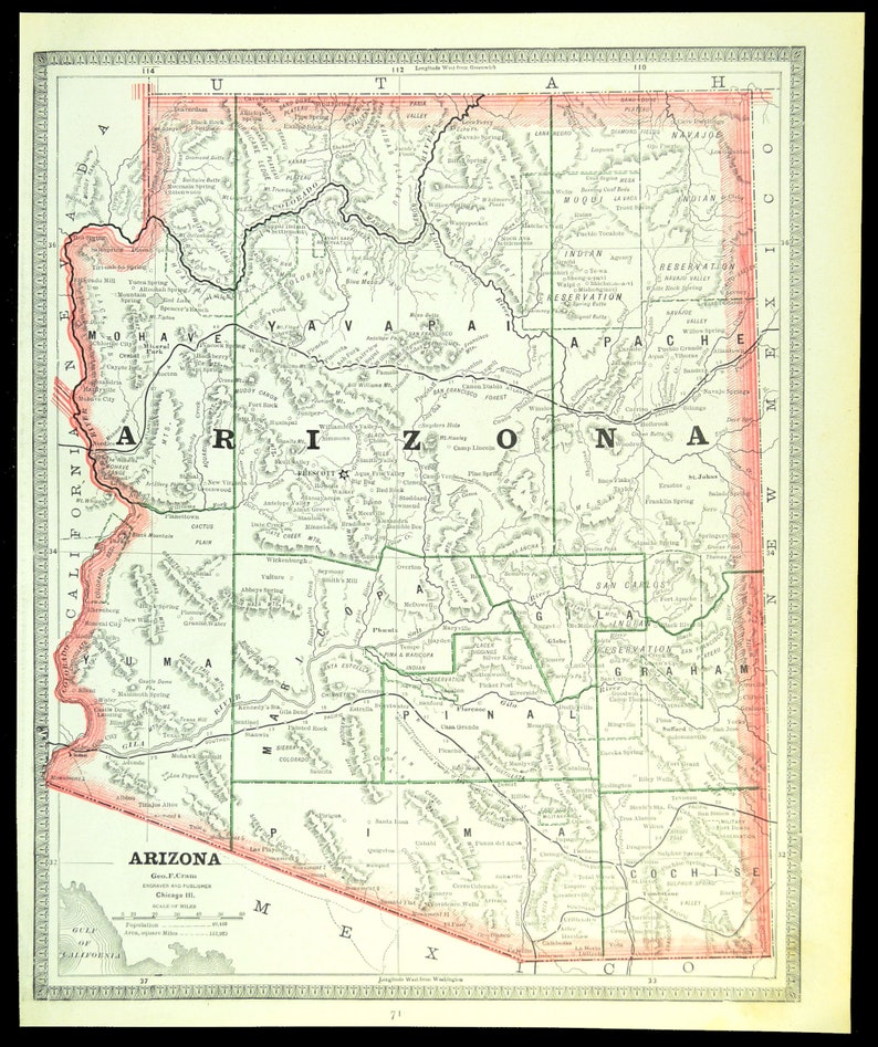 Antique ARIZONA MAP Wall Art Decor ORIGINAL Late 1800s Old - Etsy