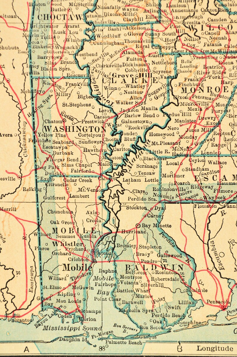 Antique ALABAMA RAILROAD Map Wall Art Decor ORIGINAL Railway - Etsy