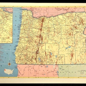 Oregon Map of Oregon Wall Art Decor Vintage 1950s Original | Etsy
