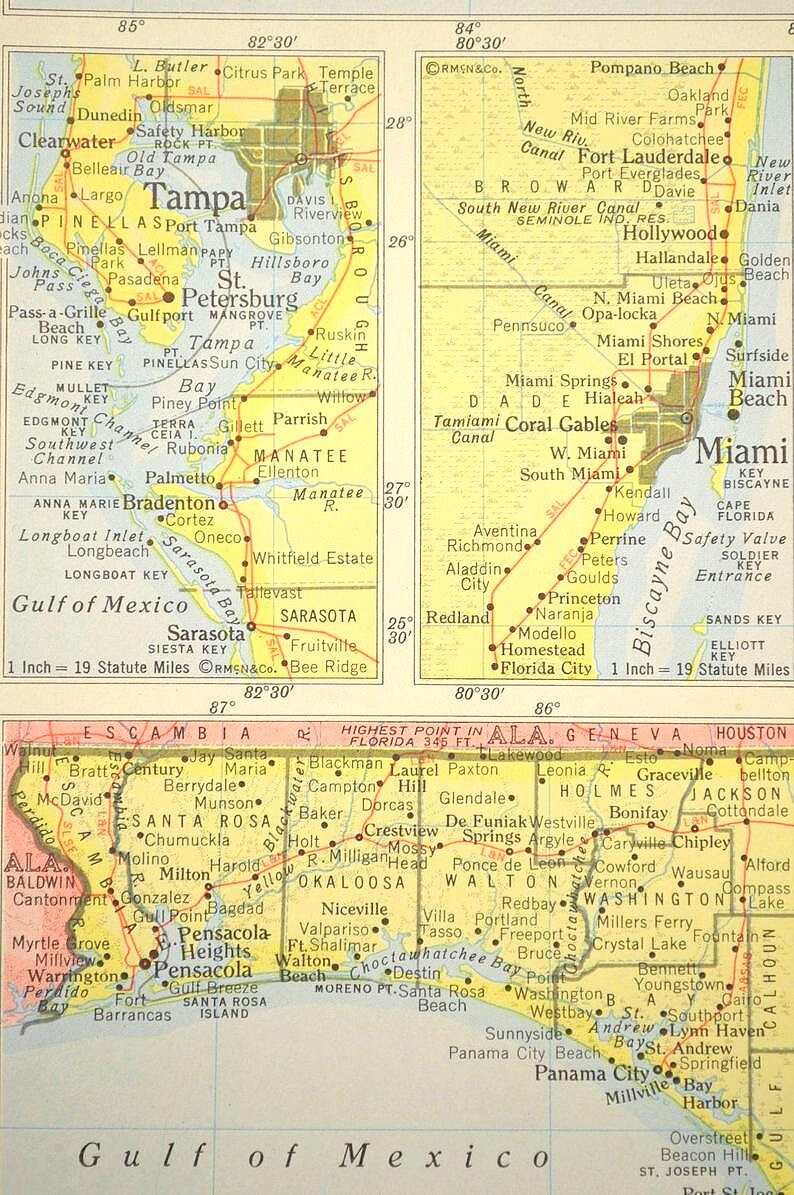 Vintage Florida Map of Florida Wall Art Decor Yellow Original | Etsy