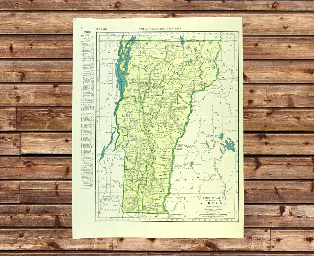 Vintage VERMONT MAP Wall Art Frameable Matted ORIGINAL Green Mountain ...