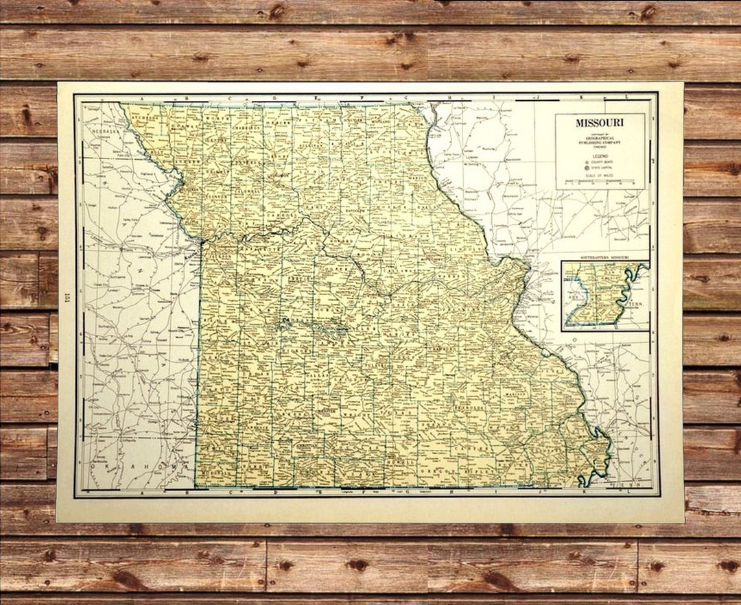 Vintage MISSOURI Map Wall Art Decor Old ORIGINAL 1940s Kansas City ...