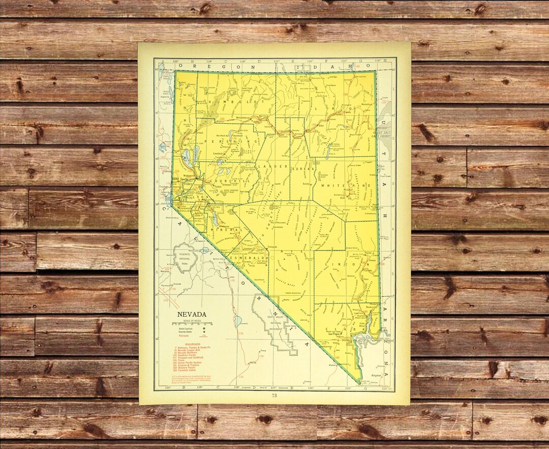 Vintage NEVADA Map Wall Art Railroad Frameable Ready to Frame Old ...