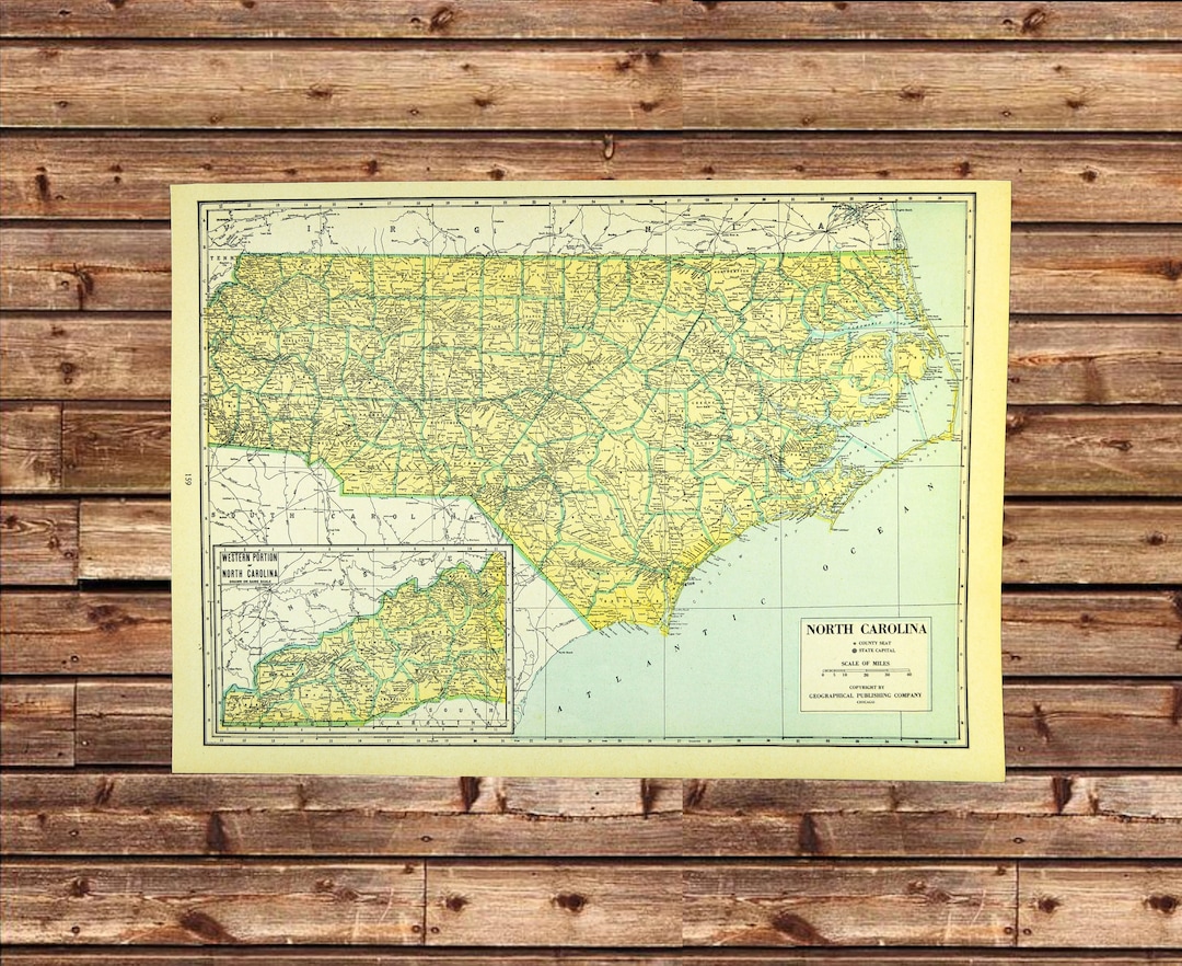 Vintage NORTH CAROLINA Map Wall Art Frameable 1940s Tar Heel State Gift ...