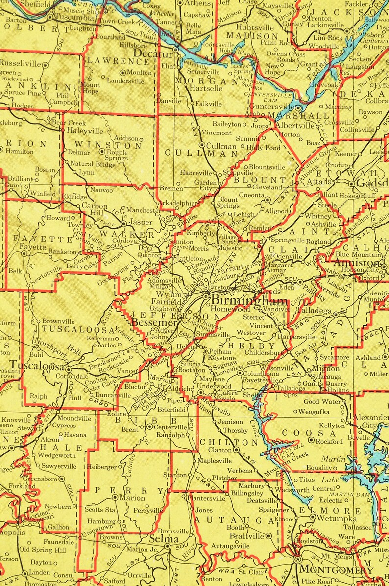 Vintage Alabama Map of Alabama Wall Art Colorful Yellow | Etsy