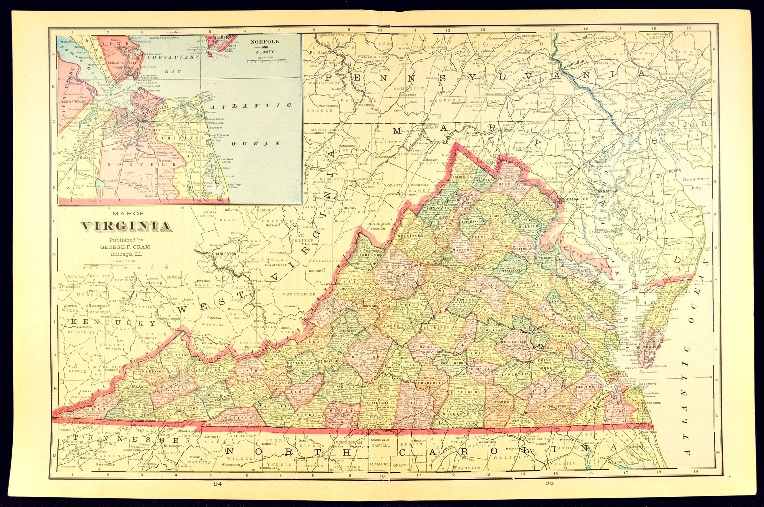Virginia Map of Virginia Wall Art Decor LARGE Antique Early | Etsy