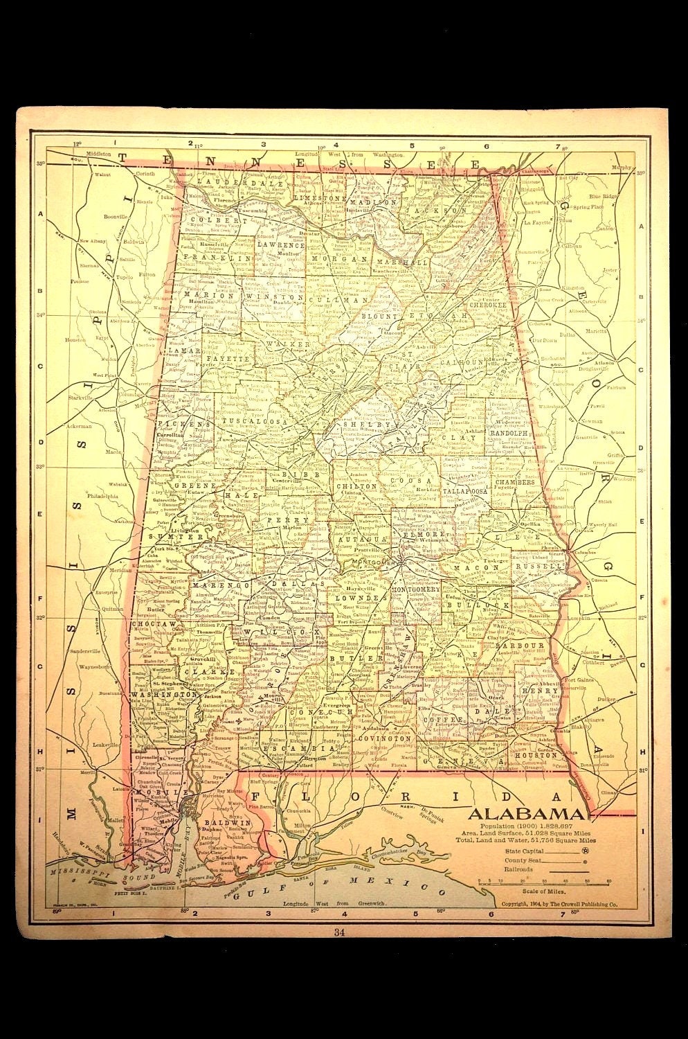 Globes & Maps Home Décor Alabama Map of Alabama Wall Decor Art Antique ...