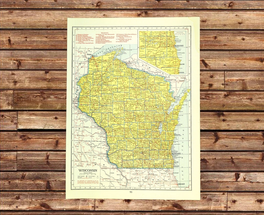Vintage WISCONSIN RAILROAD Map Wall Art Frameable Ready to Frame ...