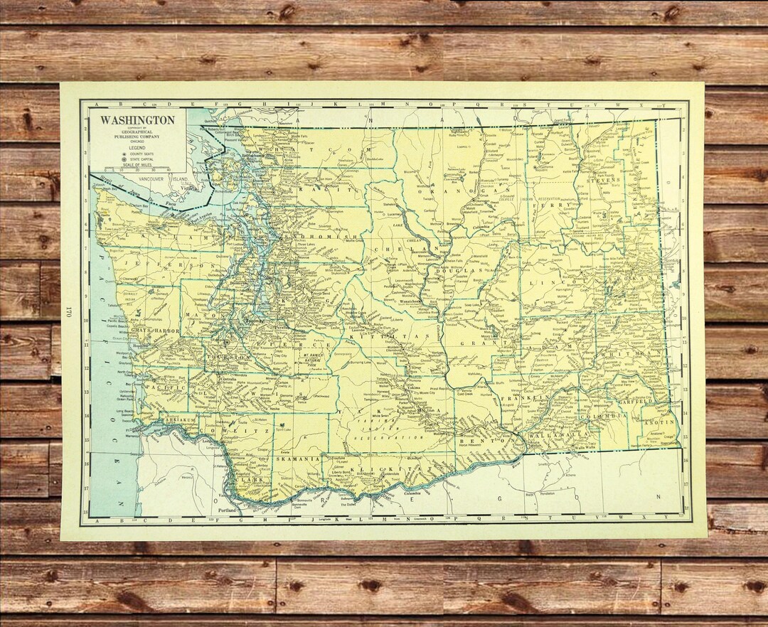 Vintage WASHINGTON Map Wall Art State Old ORIGINAL Frameable Ready to ...