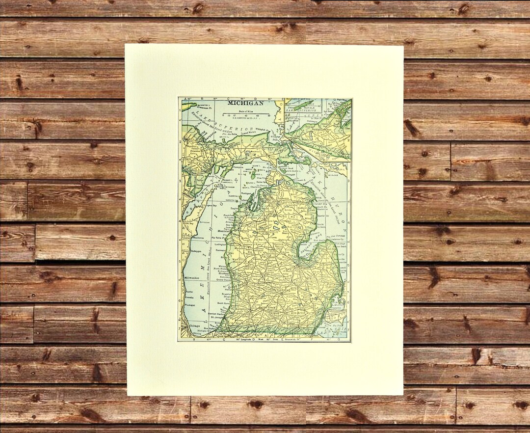 Vintage MICHIGAN Map Wall Art Frameable Ready to Frame Matted Antique ...