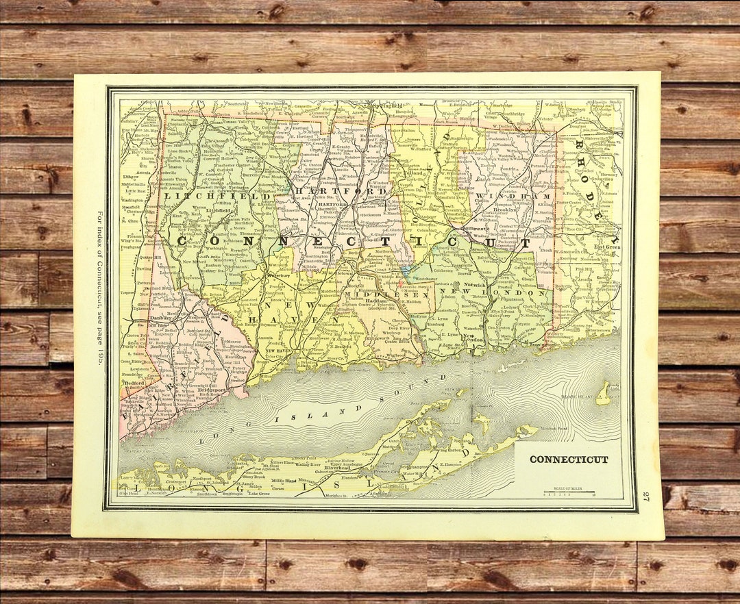 Antique CONNECTICUT Map Wall Art Decor Colorful ORIGINAL - Etsy