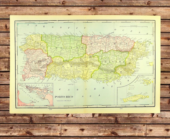 PUERTO RICO Map Wall Decor Art Antique Original Late 1800s Old | Etsy