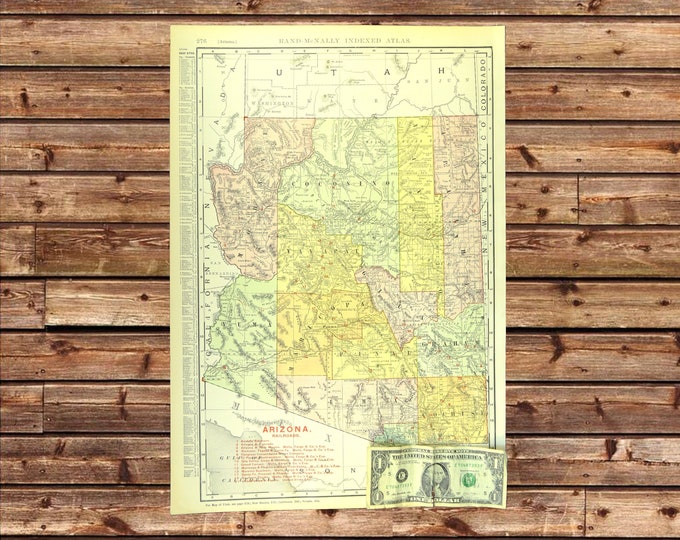 LARGE Antique ARIZONA Railroad Map of Arizona Wall Art Decor Old ...