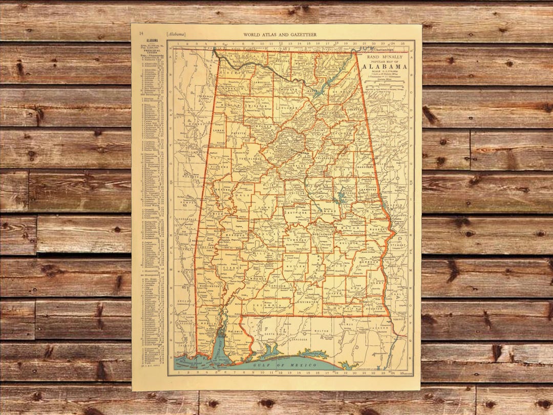 Vintage ALABAMA Map Wall Art Decor Frameable 1930s Old Original ...