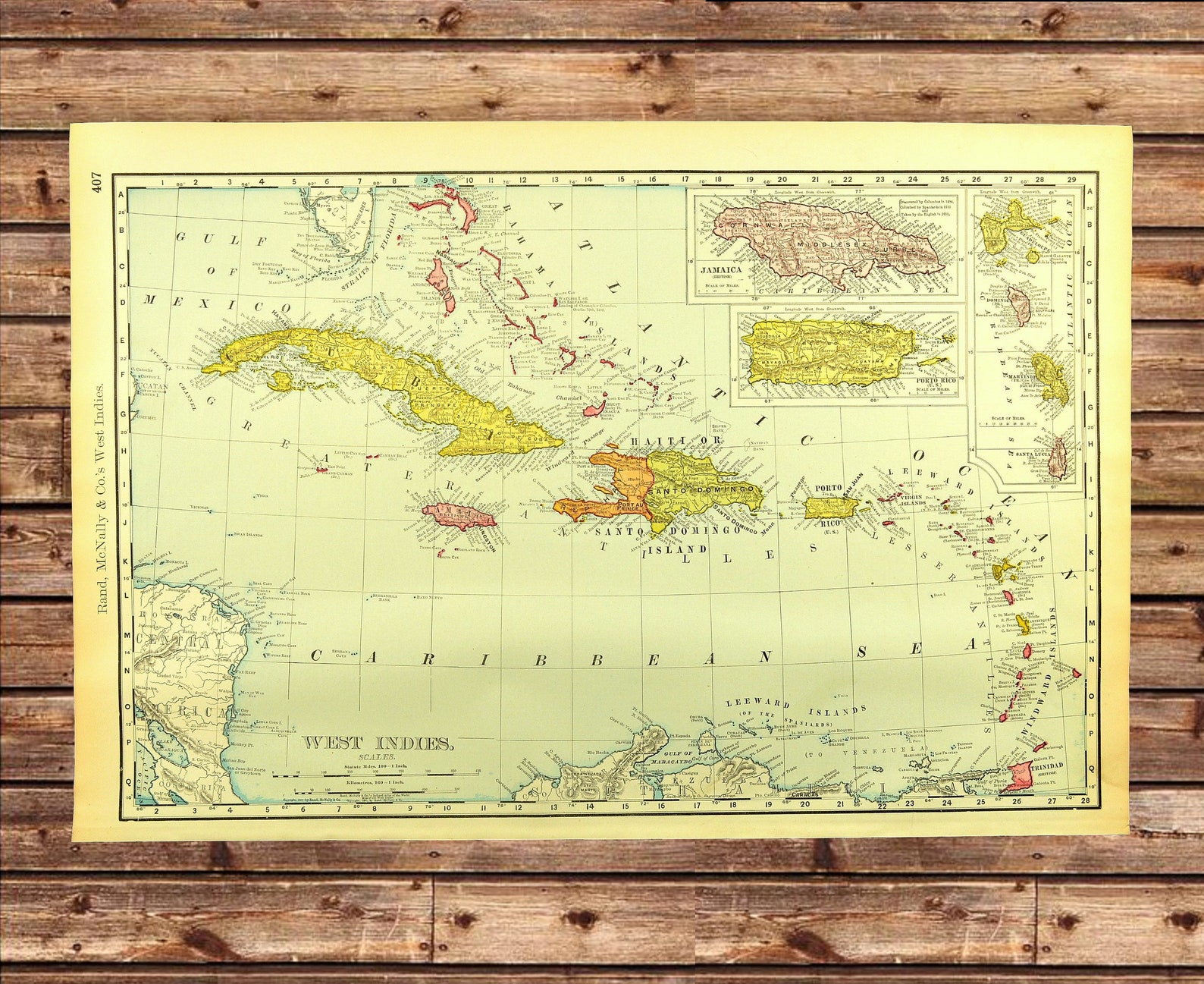 CARIBBEAN MAP of the West Indies Wall Art Decor Sea Vintage | Etsy