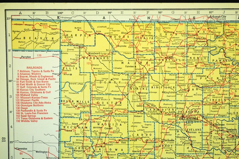 OKLAHOMA Railroad Map Wall Decor Art Vintage Original 1940s | Etsy