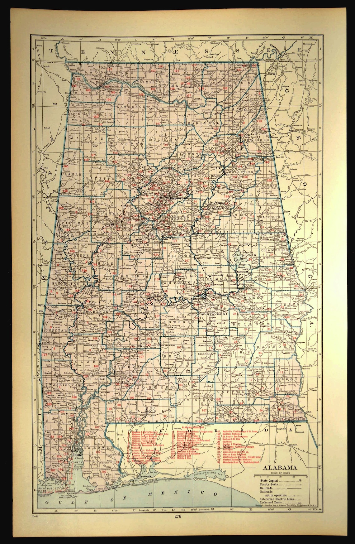 Alabama Railroad Map of Alabama Wall Decor Art LARGE Antique | Etsy