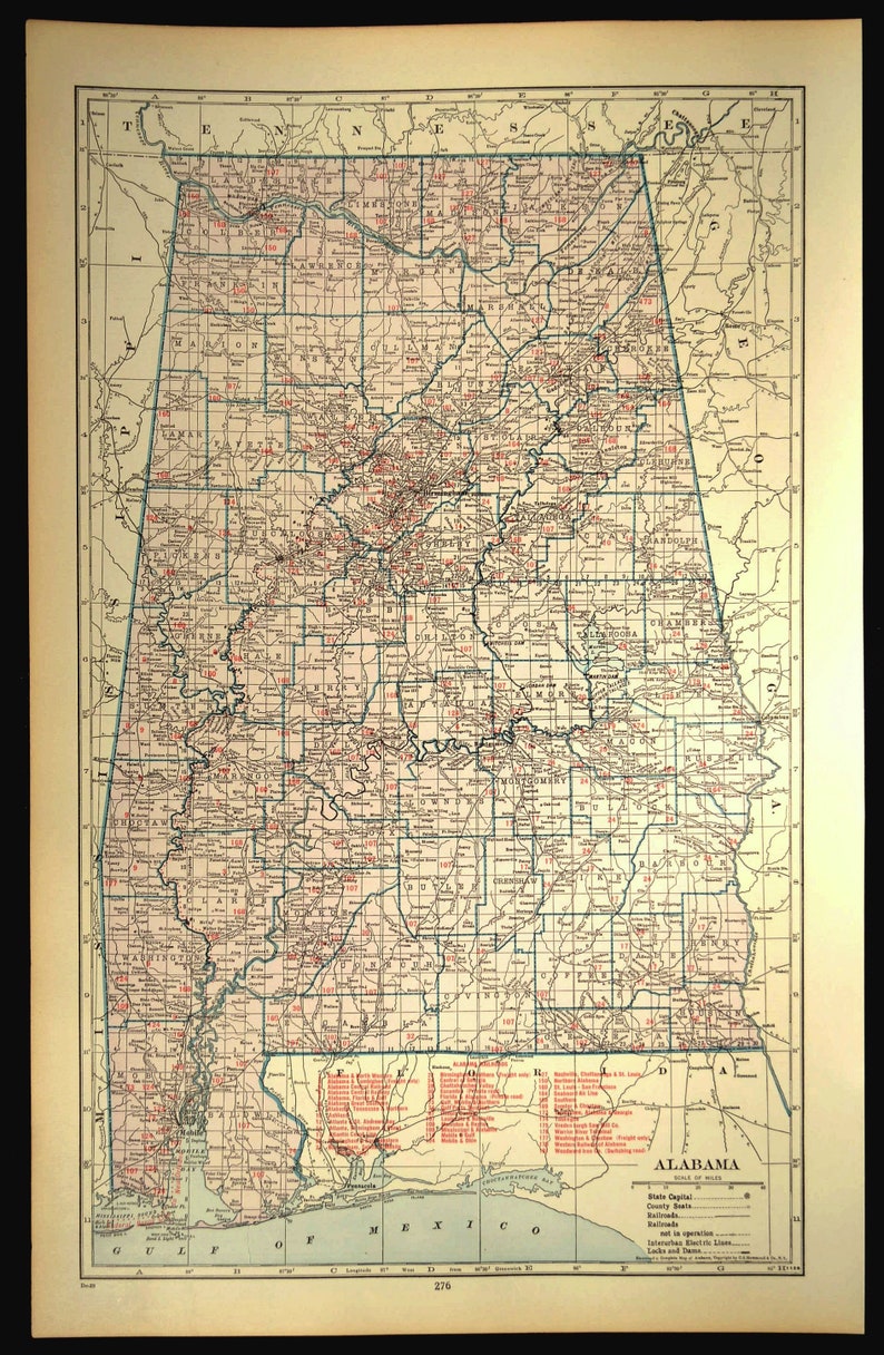 Alabama Railroad Map of Alabama Wall Decor Art LARGE Antique | Etsy