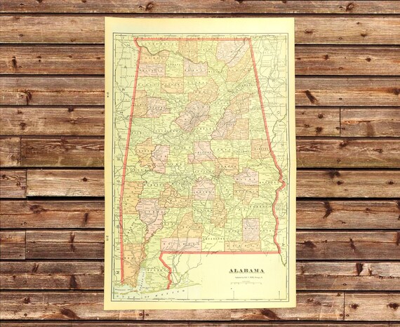LARGE Alabama Wall Art Map Decor Antique ORIGINAL Old | Etsy