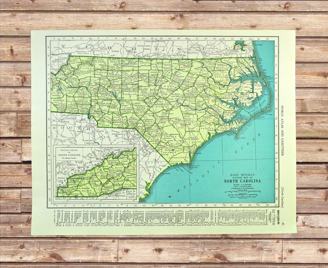NORTH CAROLINA Map Wall Art Decor Frameable Matted Green ORIGINAL Gift ...