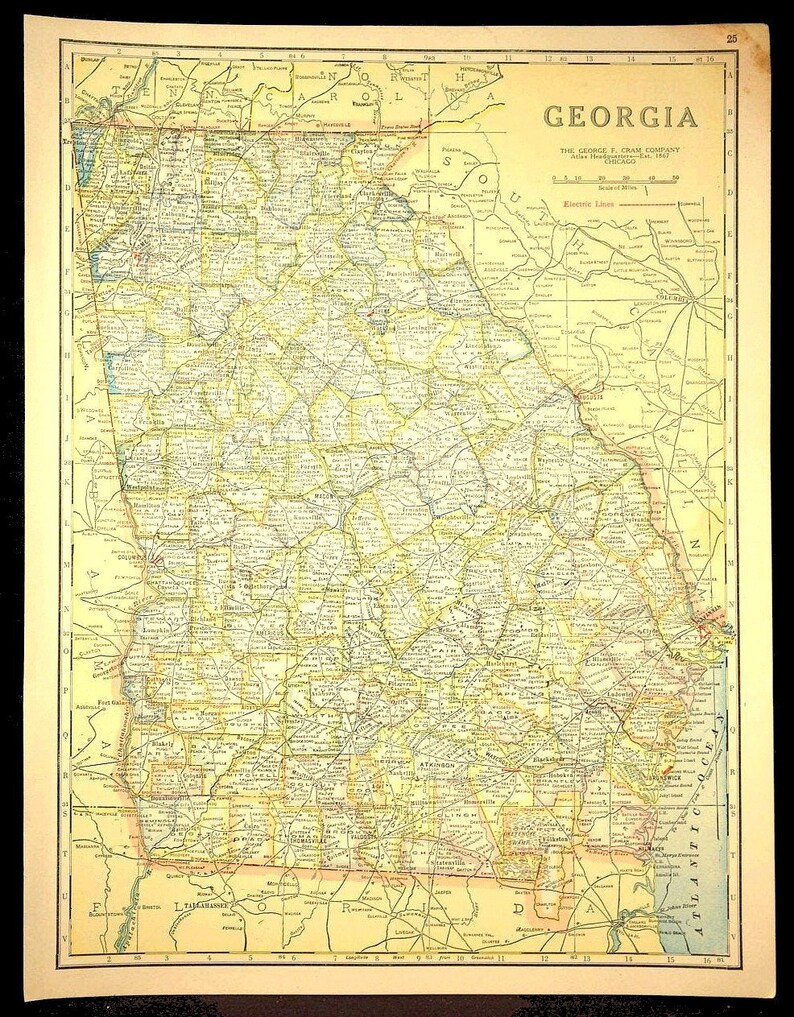 Antique GEORGIA MAP of Georgia Road Map Wall Art Decor Antique | Etsy