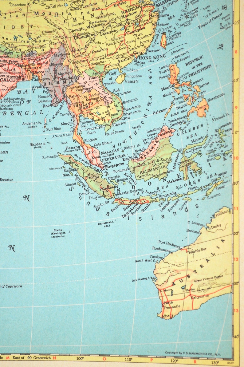 Asia Map of Asia Wall Art Decor Projection World Vintage 1950s | Etsy