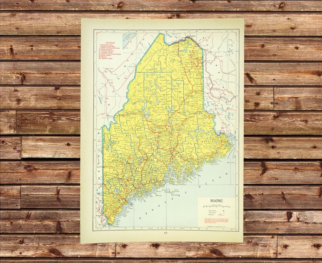 Vintage MAINE Map Wall Art Railroad Old ORIGINAL Frameable Ready to ...