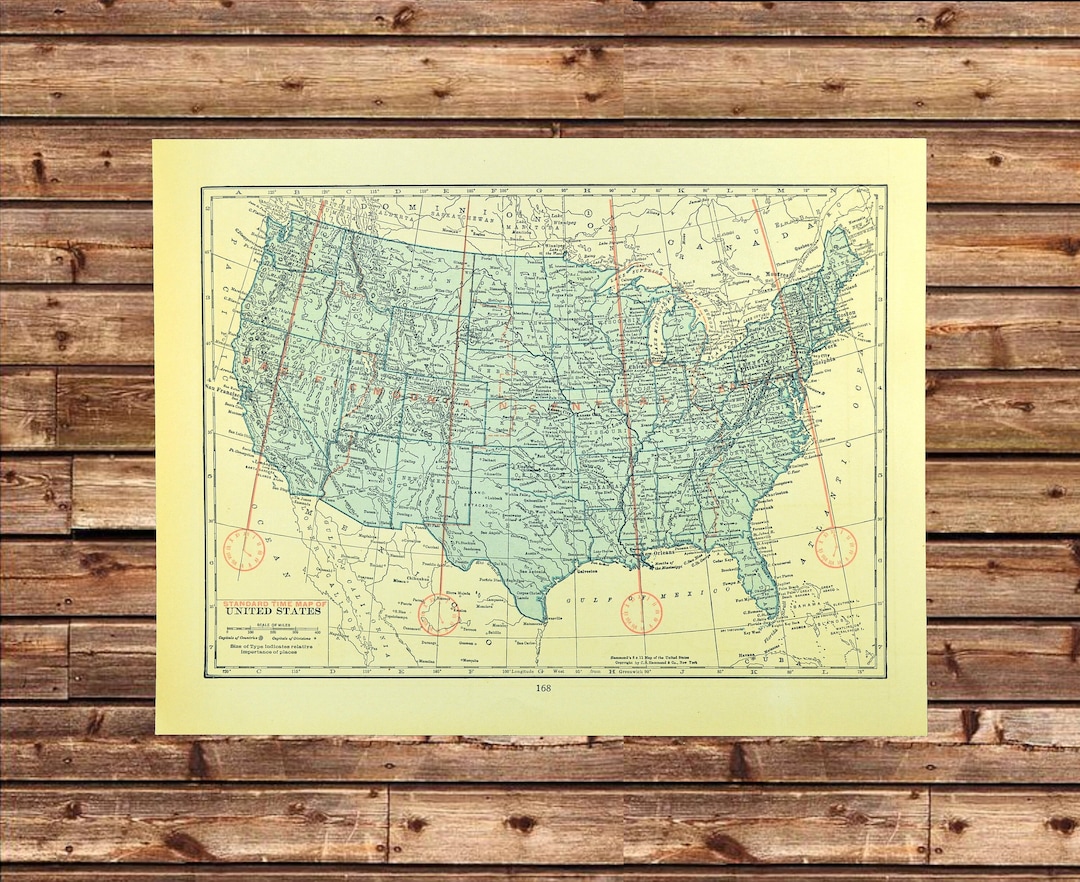 Vintage UNITED STATES MAP Wall Art Decor Frameable Matted Time Zone ...