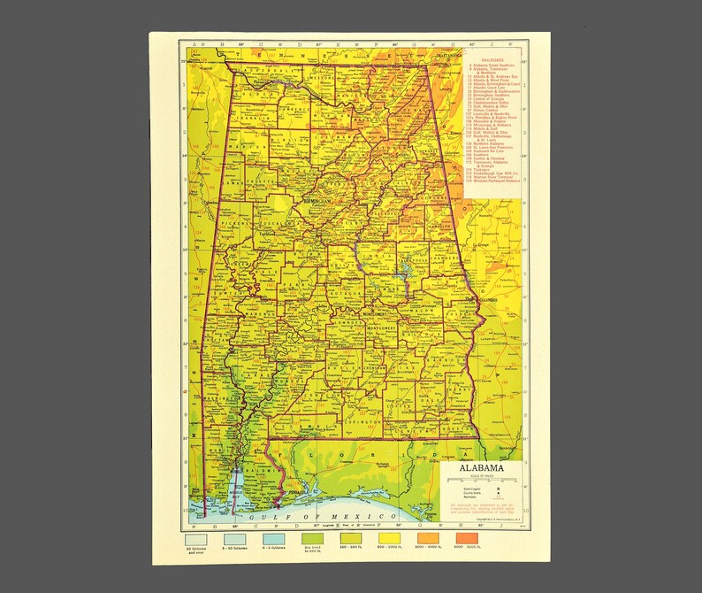 Alabama Map of Alabama Topographic Map Wall Art Decor Colorful | Etsy