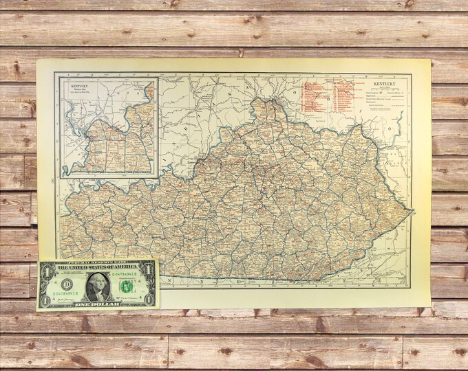 Vintage KENTUCKY Railroad Map Wall Art Decor LARGE Antique ORIGINAL ...