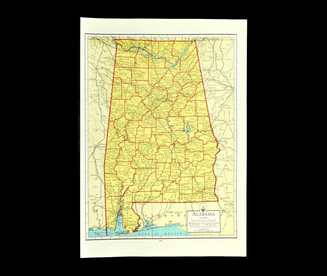 Vintage Alabama Map of Alabama Wall Art Colorful Yellow | Etsy