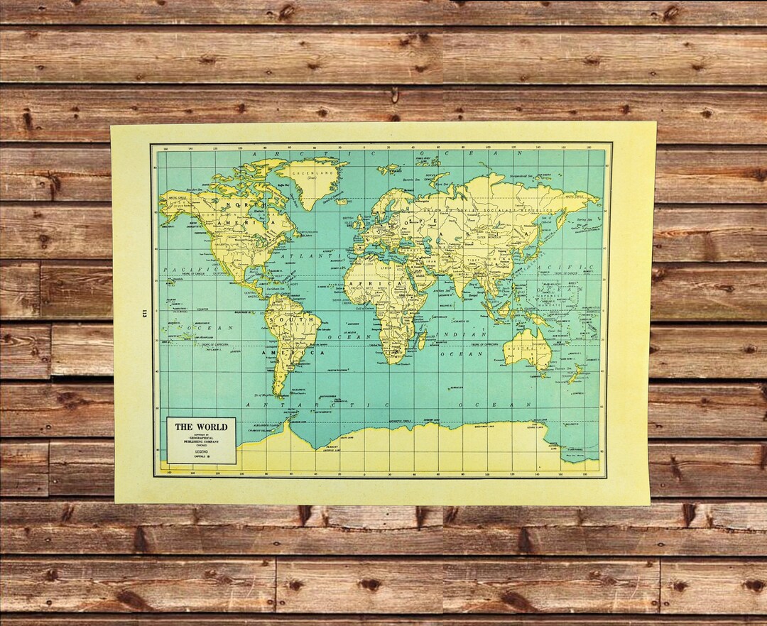 Vintage WORLD MAP Wall Art Decor Antique Original Ready to Frame ...