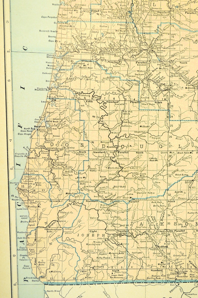 Antique OREGON COAST Map Wall Art Decor LARGE Western Original - Etsy