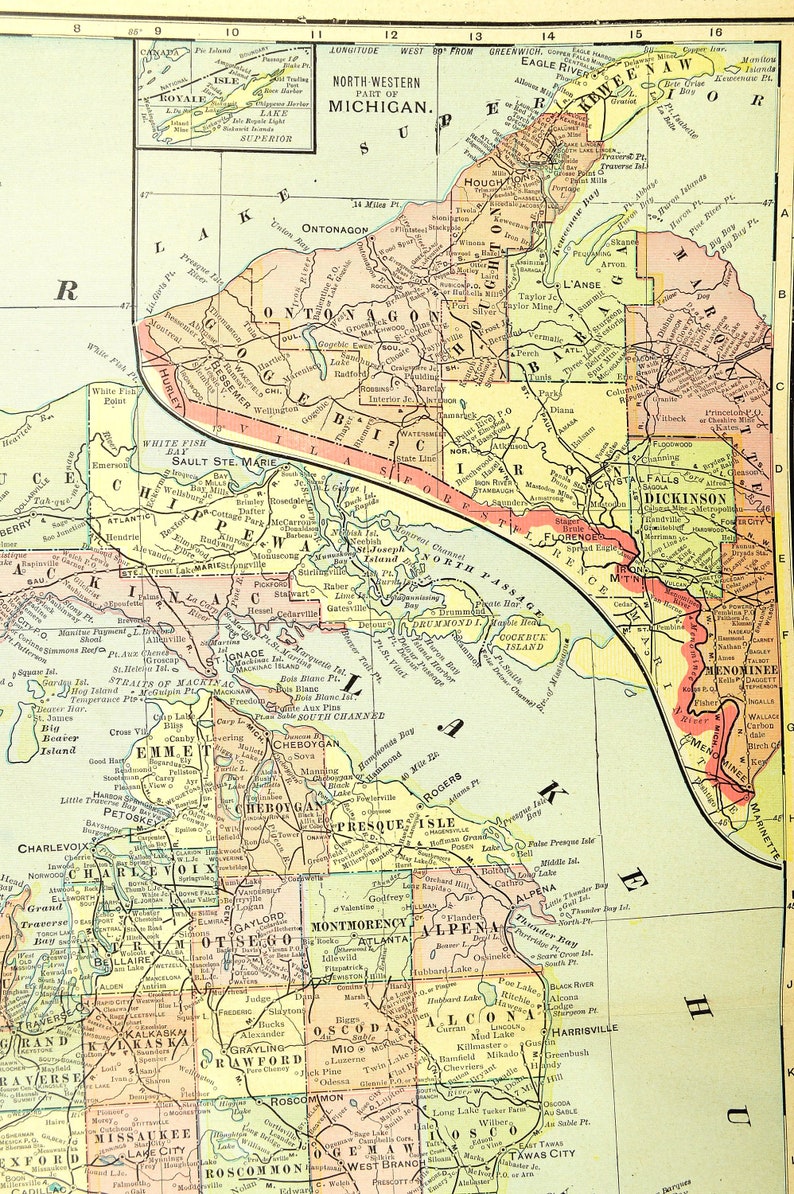LARGE Michigan Map of Michigan Wall Decor Art Antique Original | Etsy