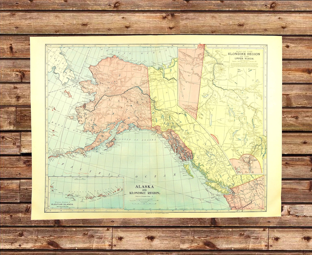 Vintage ALASKA Map Wall Art Decor LARGE Antique Yukon Gold Regions - Etsy