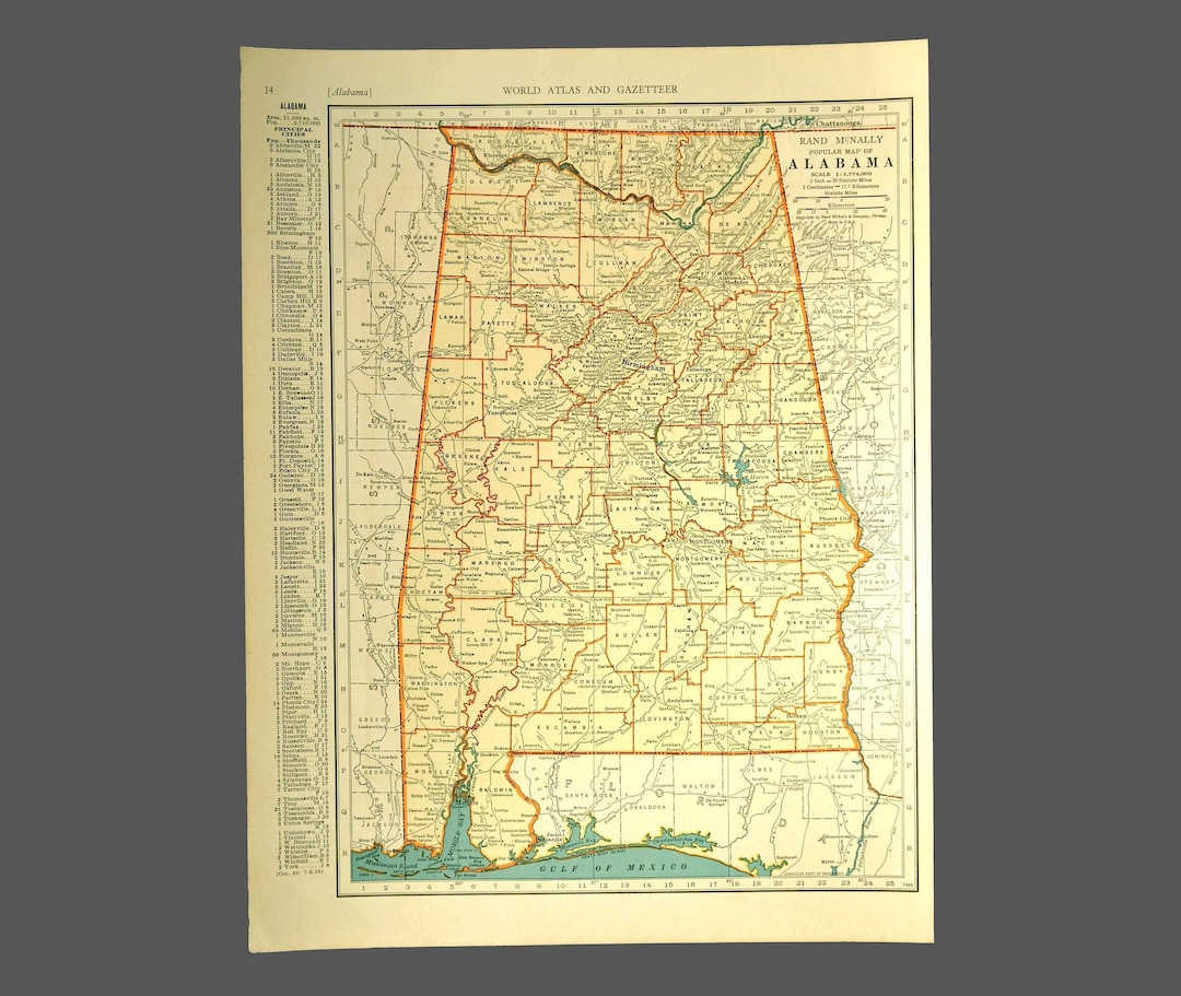 Vintage ALABAMA Map Wall Art Decor Frameable 1930s Old Original ...