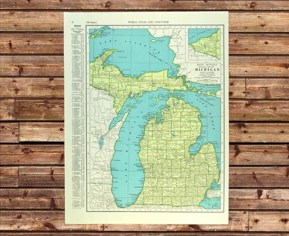 Vintage MICHIGAN MAP Wall Art Frameable Matted ORIGINAL Decor - Etsy