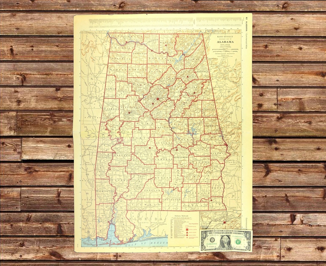 Vintage ALABAMA Map Wall Art Railroad ORIGINAL Extra Large 1970 ...