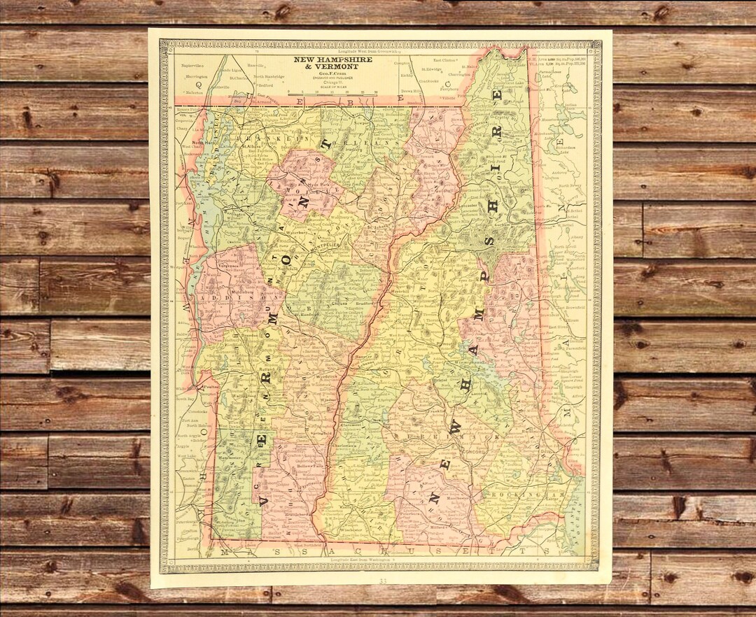 Vintage NEW HAMPSHIRE Map of VERMONT Wall Art Old Original Antique - Etsy