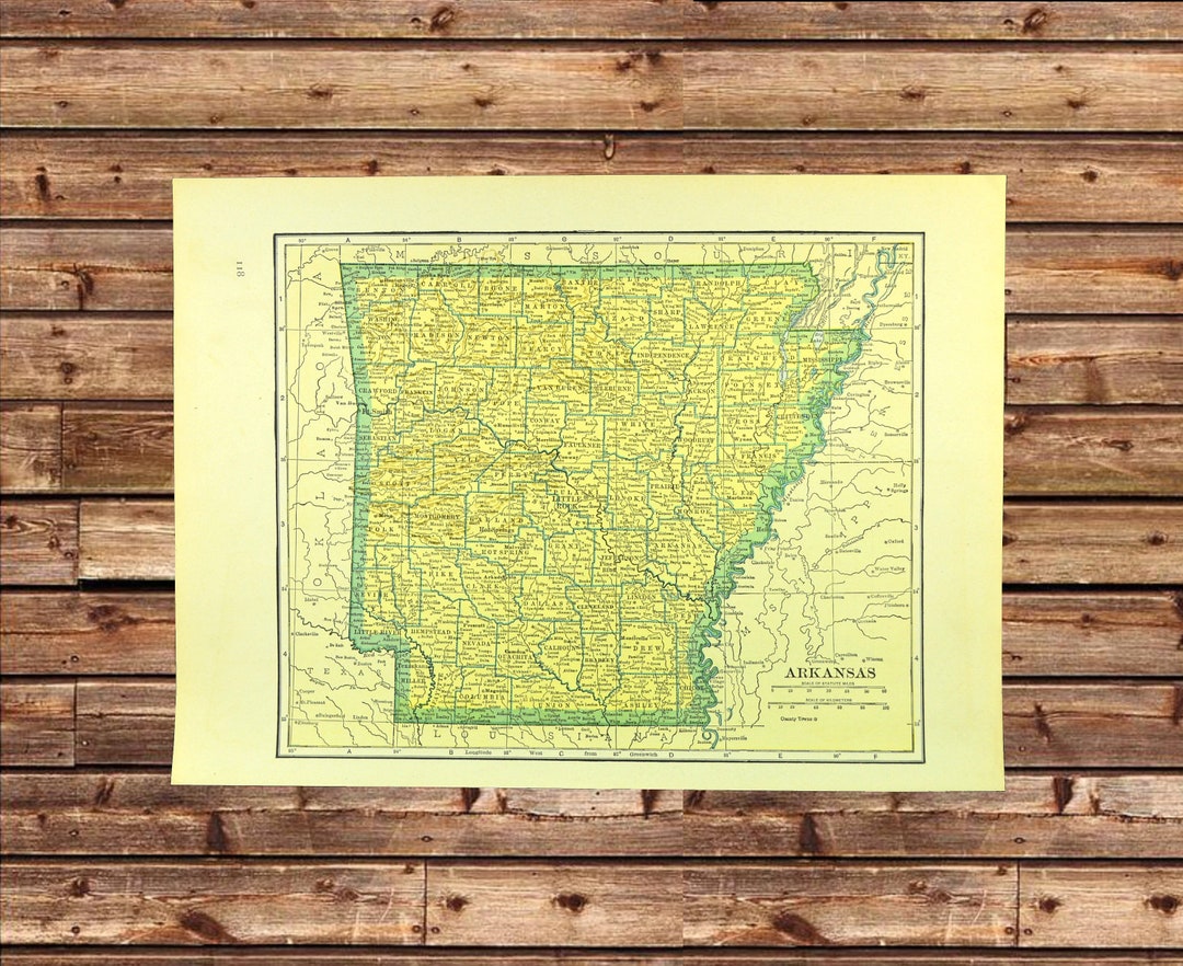 Vintage ARKANSAS Map Wall Art Decor Original Ready to Frame Frameable ...