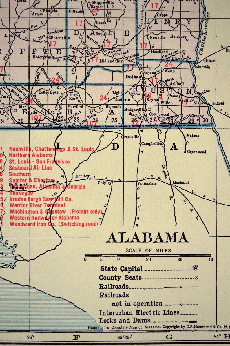 Alabama Railroad Map of Alabama Wall Decor Art LARGE Antique | Etsy