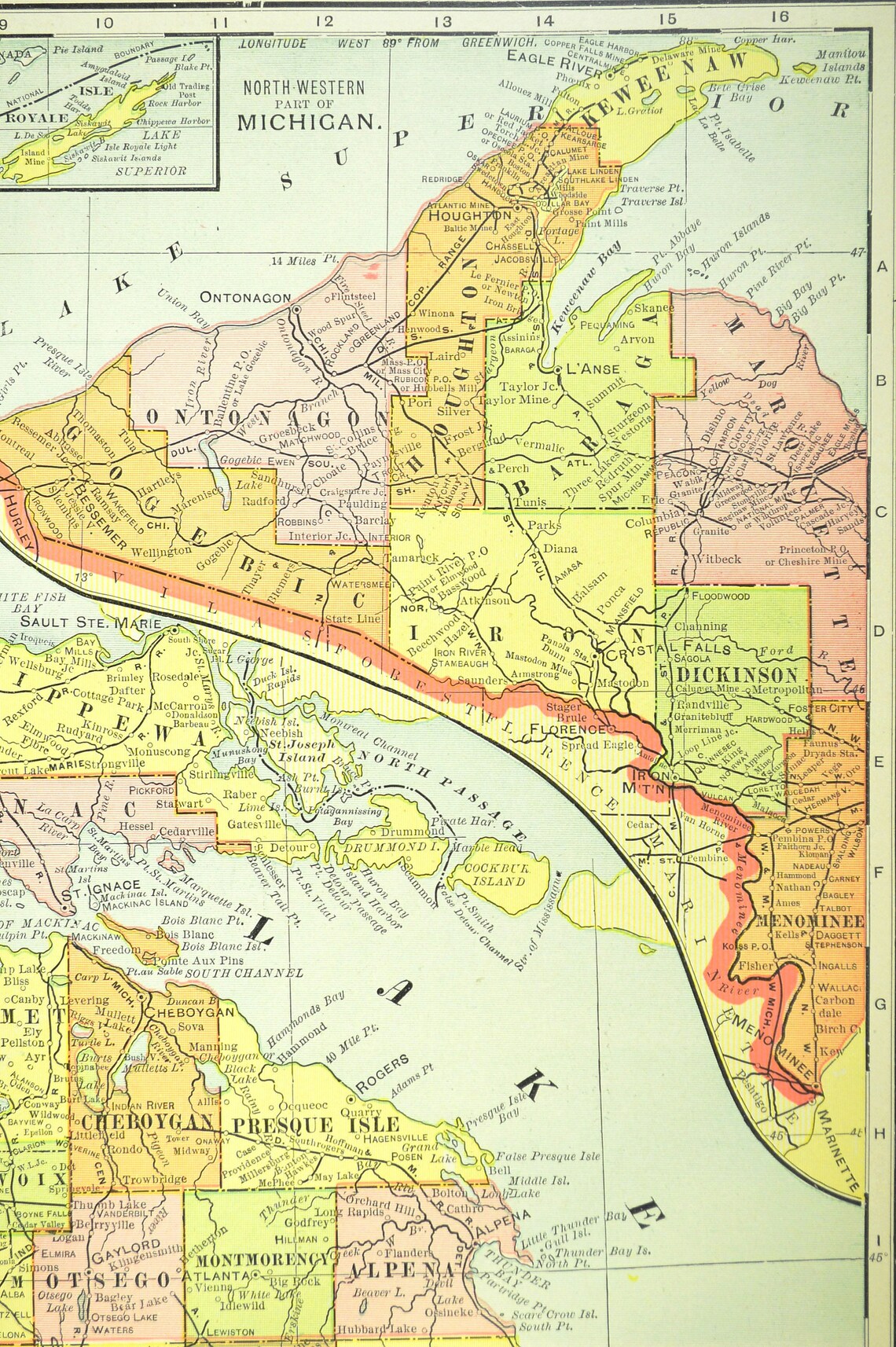LARGE Michigan Map of Michigan Wall Decor Art Antique Original - Etsy