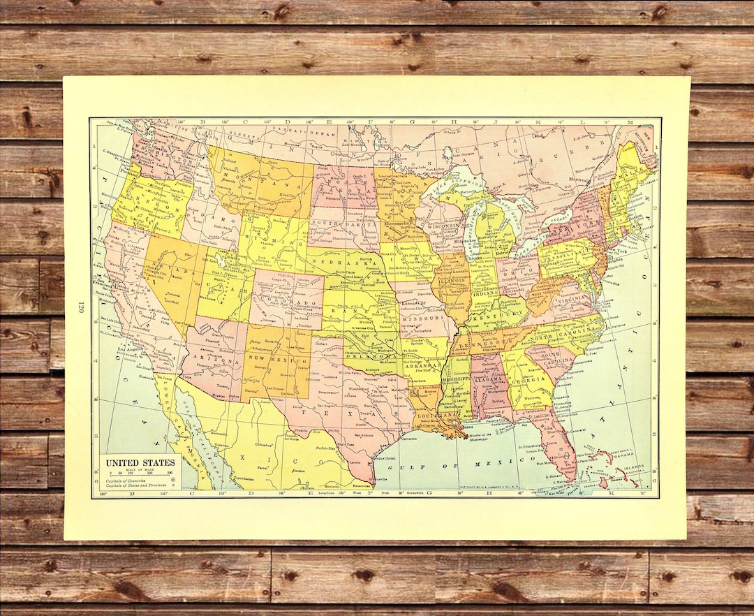 Vintage UNITED STATES Map Wall Art USA Decor Antique Original Teacher ...